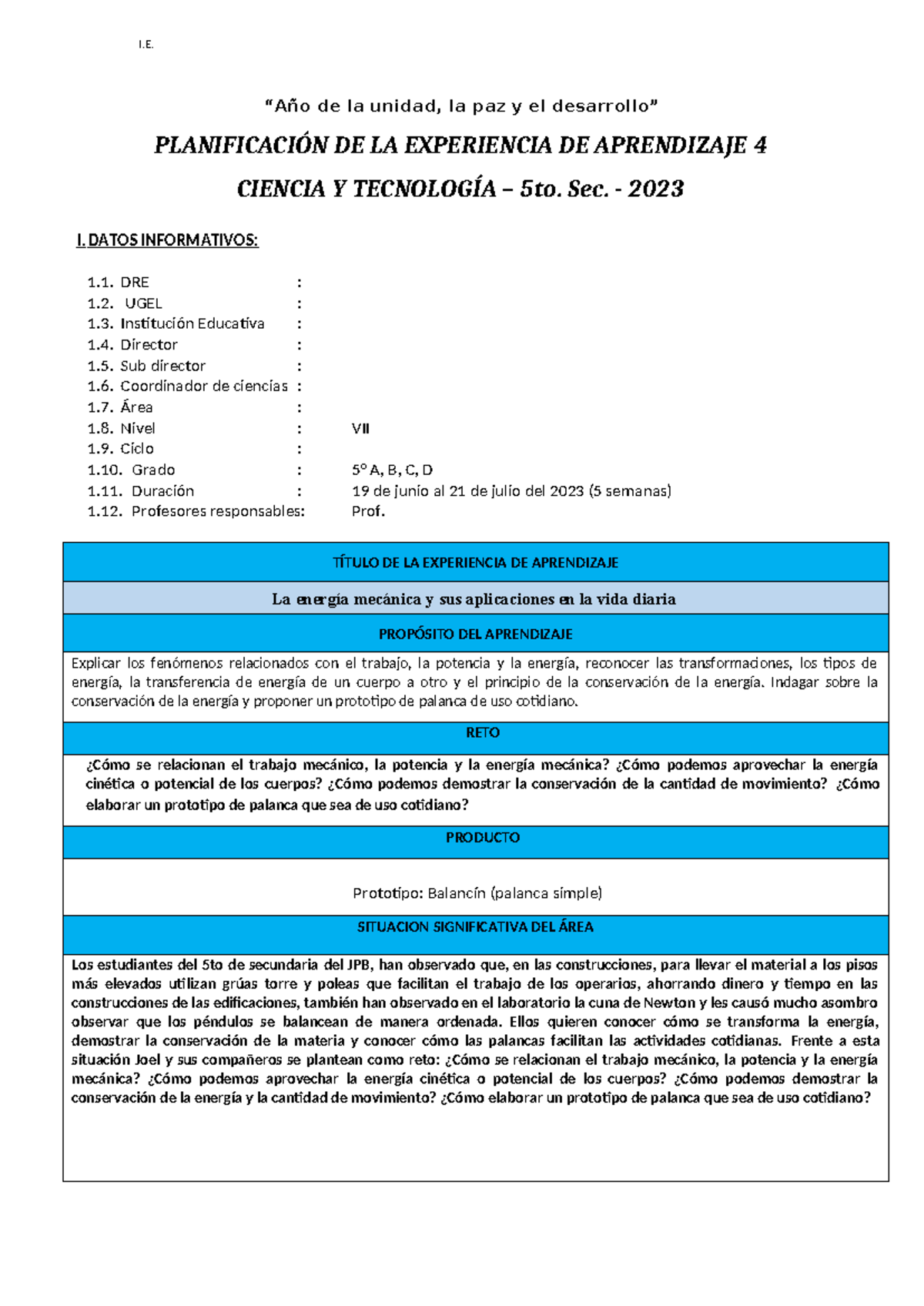 Planificador EDA 4 de 5to Sec - “Año de la unidad, la paz y el desarrollo” PLANIFICACIÓN DE LA ...