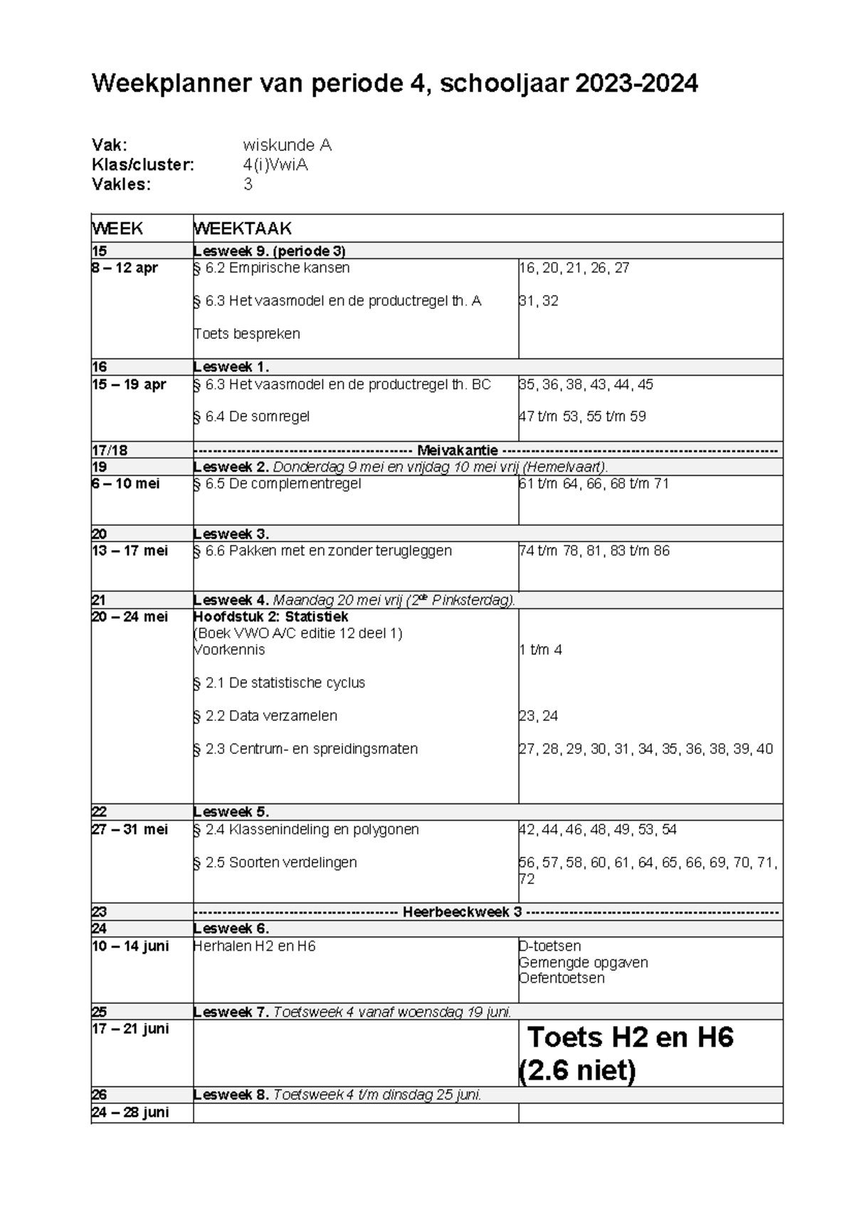 2324 planner 4Vwi A periode 4 - Weekplanner van periode 4, schooljaar ...