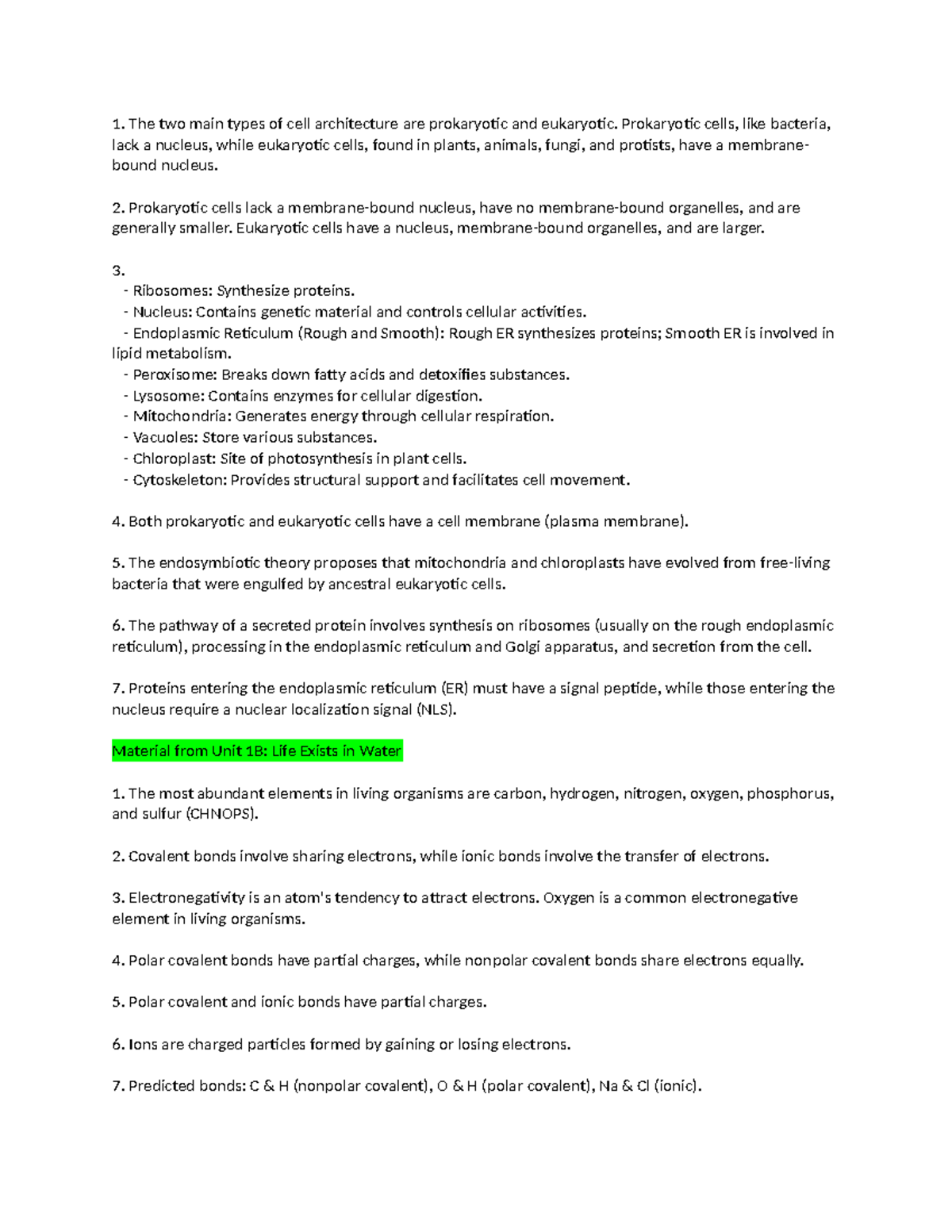 Document (15) - Summary Functional Biology - The two main types of cell ...