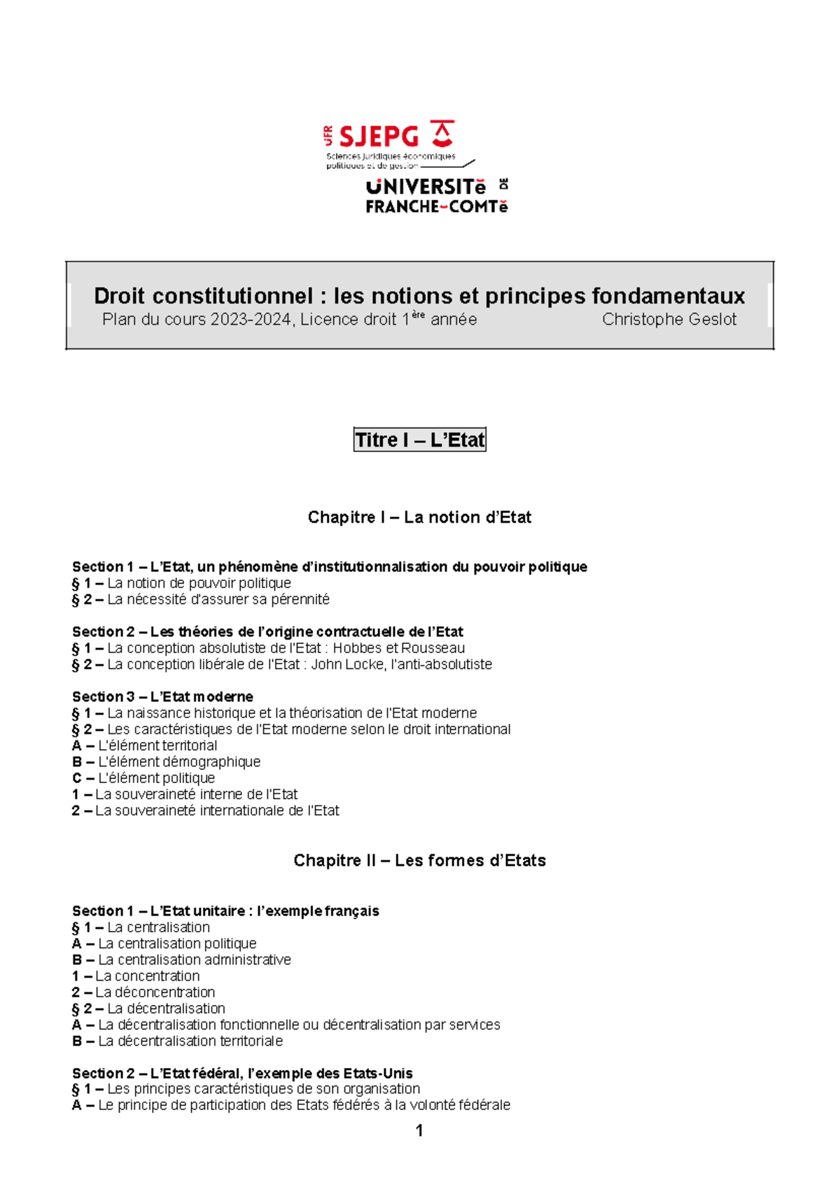 PLAN Cours - S1 - 2023-2024 - Droit constitutionnel : les notions et ...