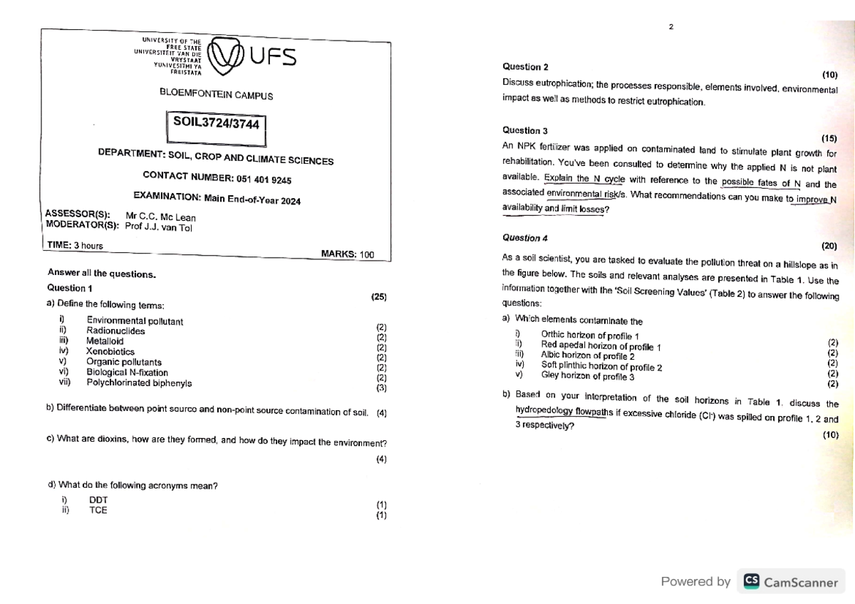 Soil3744, Soil3724 Exam 2024 - 2 UNIVERSITY OF THE FREE STATE ...