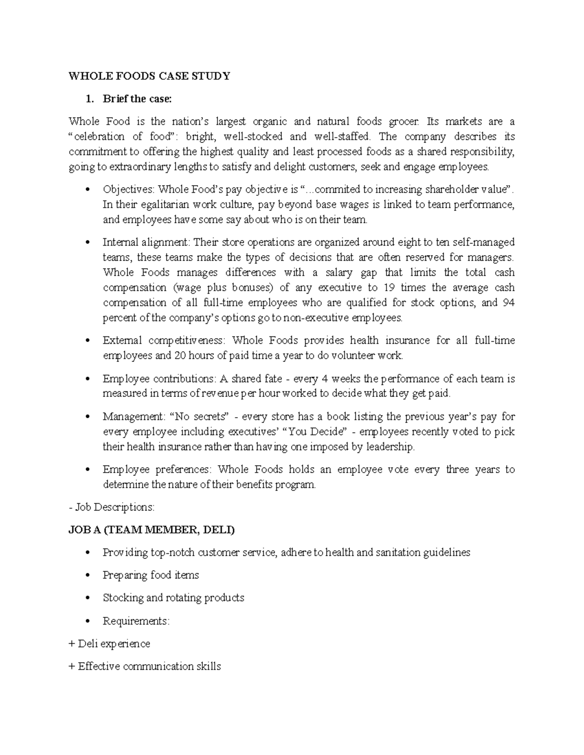 Compensation Whole Foods case study - WHOLE FOODS CASE STUDY 1. Brief ...