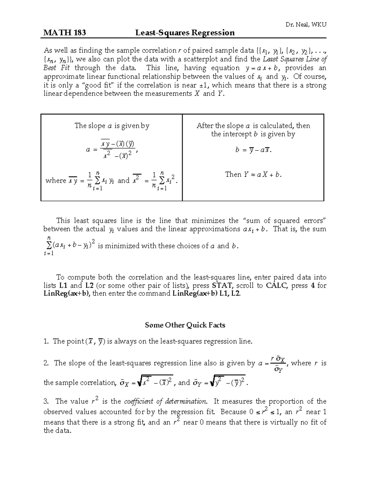 Least Squares - Lecture notes N/a - Dr. Neal, WKU MATH 183 Least ...