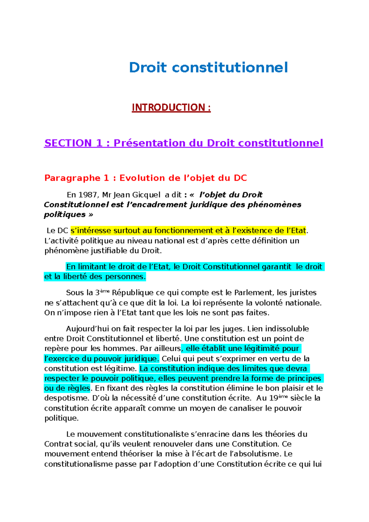Cours constit - Droit constitutionnel INTRODUCTION : SECTION 1 : Présentation du Droit - Studocu