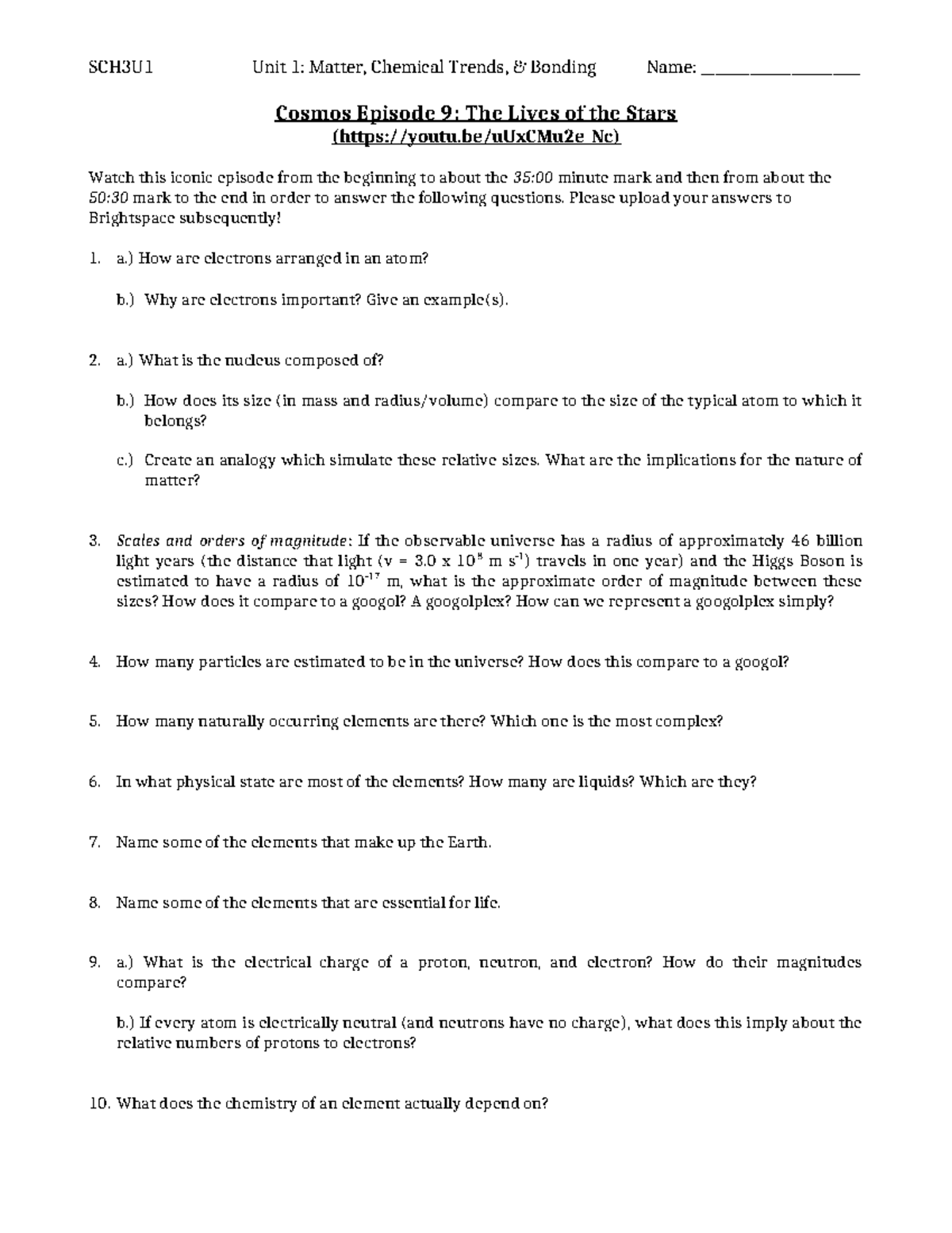 Cosmos Questions - sdv - SCH3U1 Unit 1: Matter, Chemical Trends ...