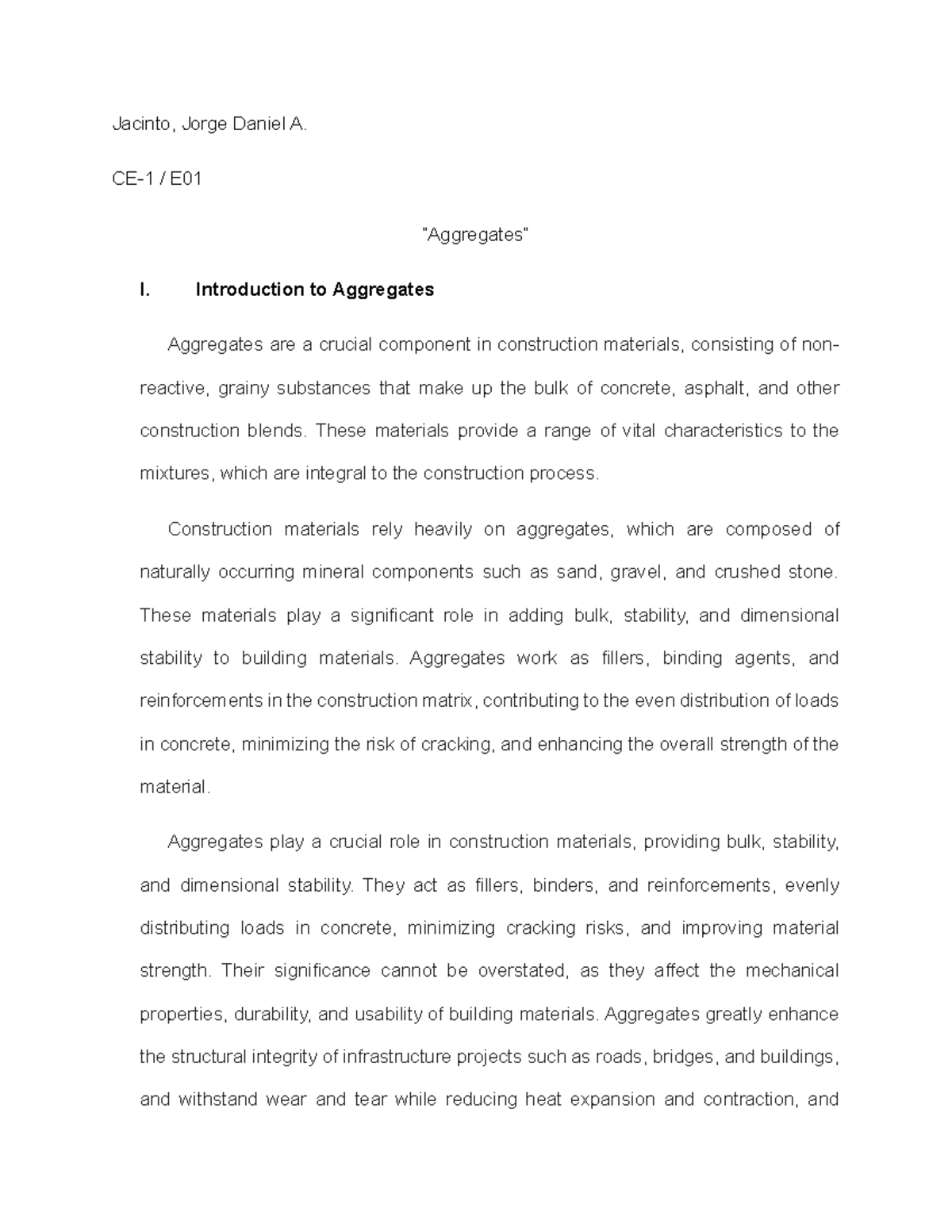 Aggregates - idk - Jacinto, Jorge Daniel A. CE- 1 / E “Aggregates” I ...