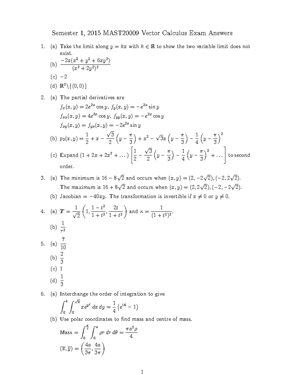 Sem1 2015 answers - Semester 1, 2015 MAST20009 Vector Calculus Exam ...