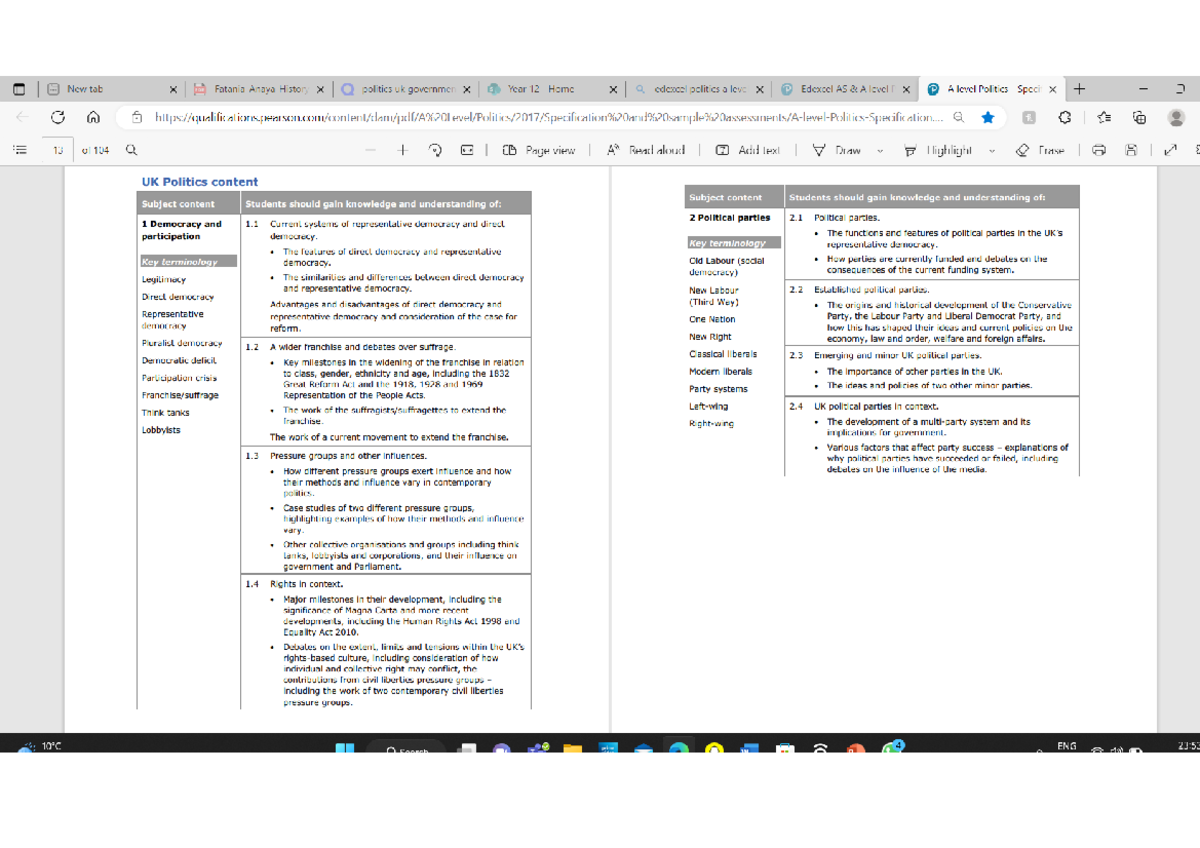 Spec - specification - A level Politics - Specification (pearson) - Studocu