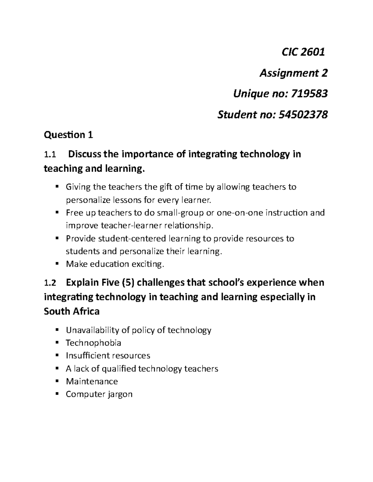 CIC 2601 Assignment 2 - CIC 2601 Assignment 2 Unique no: 719583 Student ...