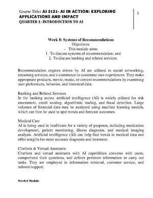 AI 2121 W5 - aRTIFICIAL iNTELLIGENCE - APPLICATIONS AND IMPACT QUARTER 1 : INTRODUCTION TO AI 1 ...