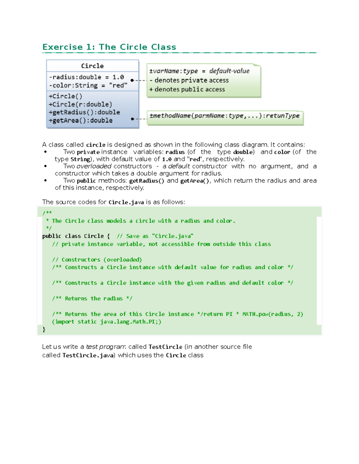 Exercise 1 - Bài tập code Java - Exercise 1: The Circle Class A class ...