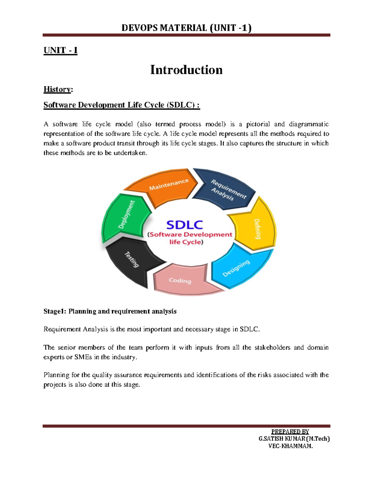 Devops UNIT -1 Material Final - PREPARED BY G KUMAR (M) UNIT - I Introduction History: Software ...