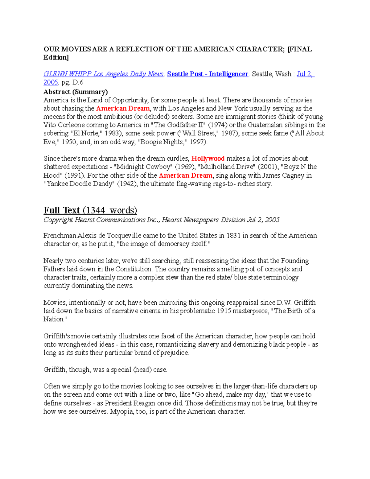 OUR Movies ARE A Reflection OF THE American Character - OUR MOVIES ARE ...