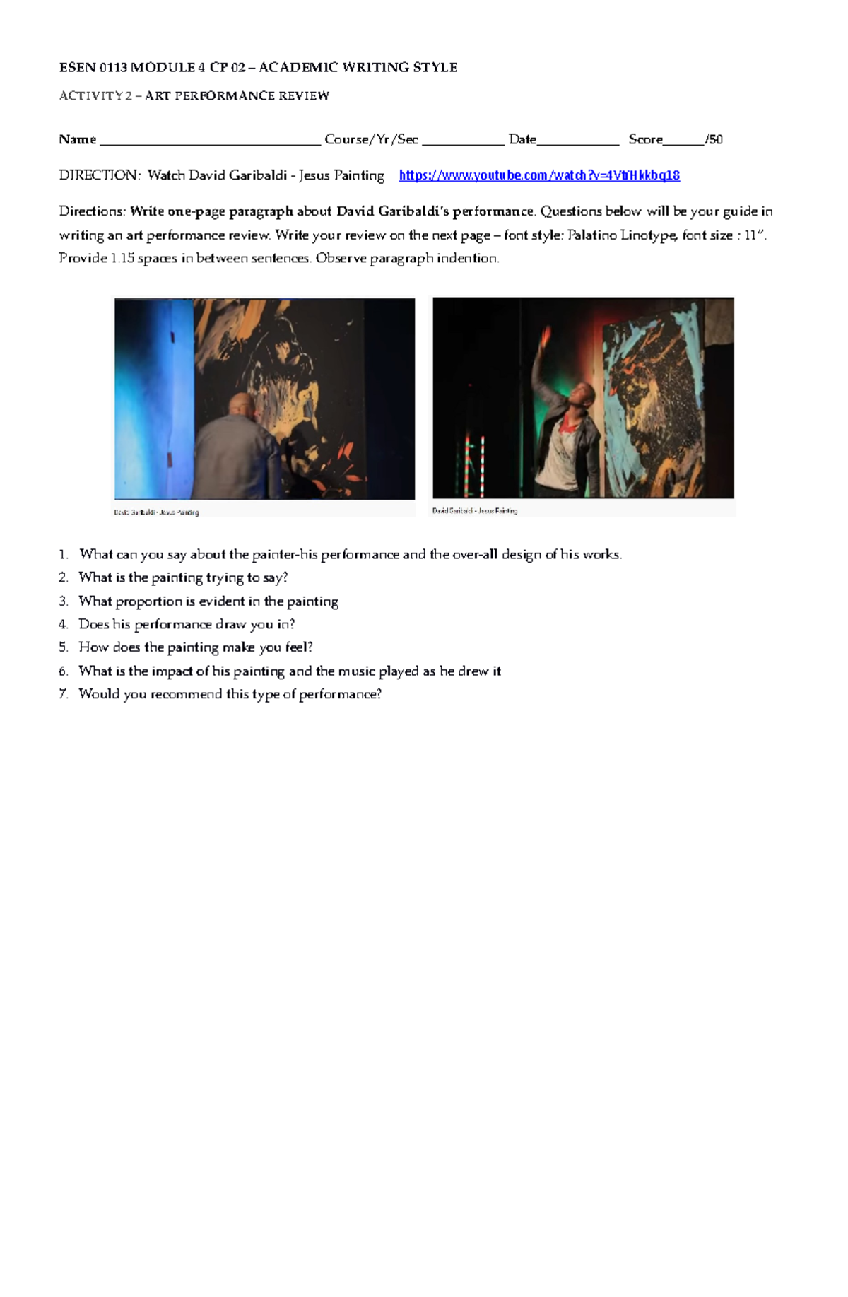 ESEN Module 4 CP 02 - ART Performance Review - Copy - ESEN 0113 MODULE 4 CP 02 – ACADEMIC ...