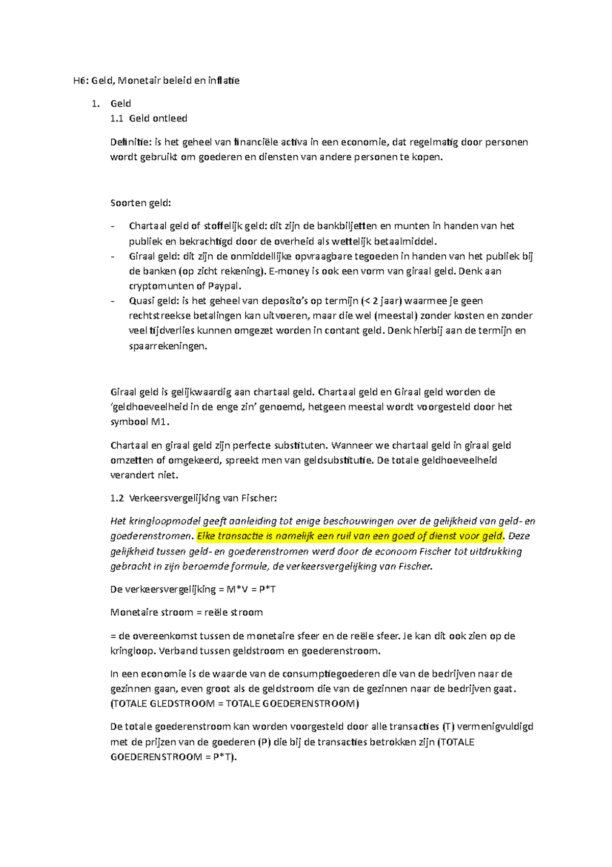 H06 Geld Monetair beleid en Inflatie - H6: Geld, Monetair beleid en ...