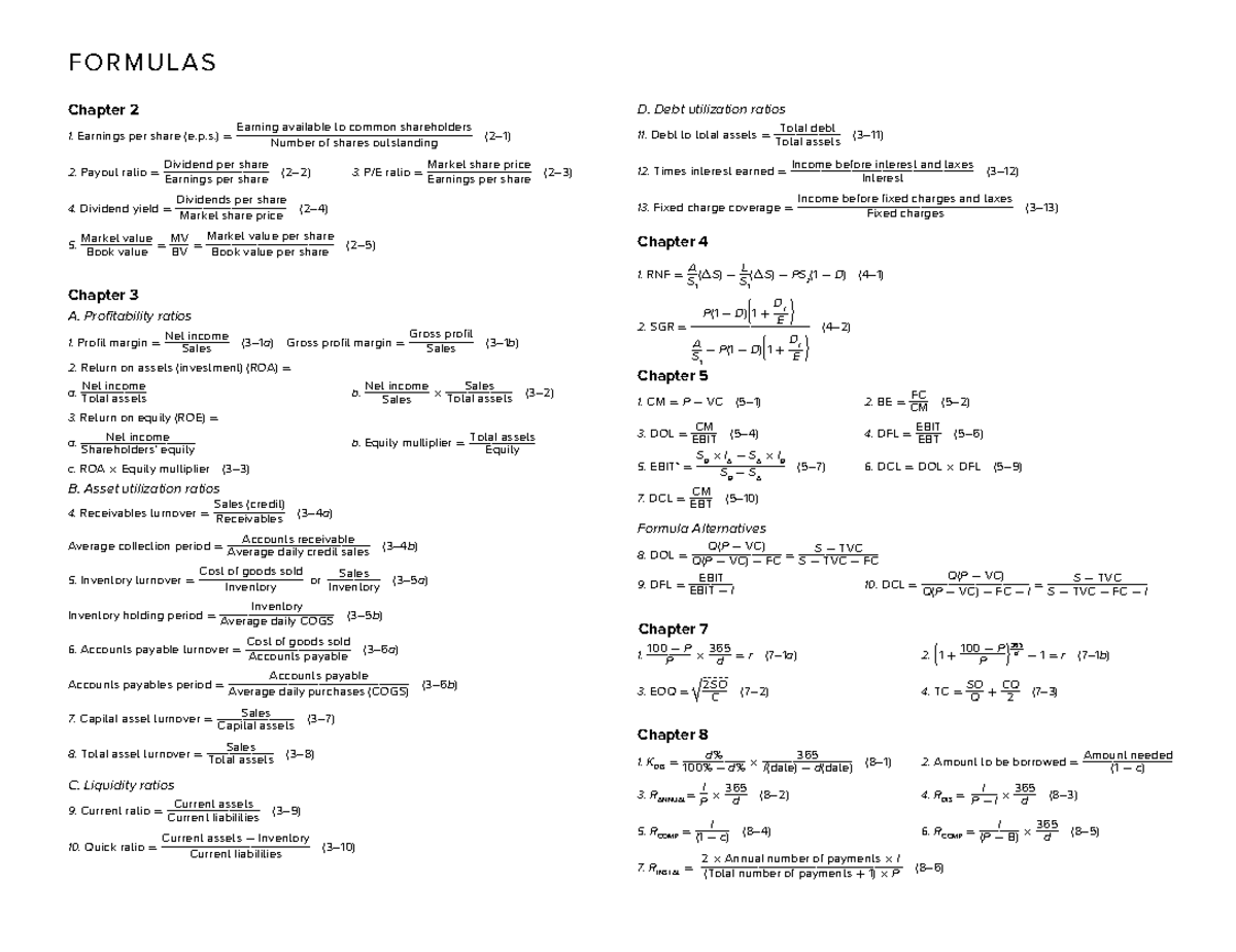 Block 11ce Formula Sheet-2 - F ORMULAS Chapter 2 1. Earnings per share ...