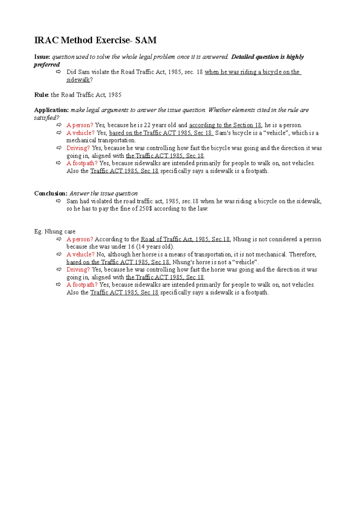 IRAC Method Exercise- W1 with solutions - IRAC Method Exercise- SAM ...
