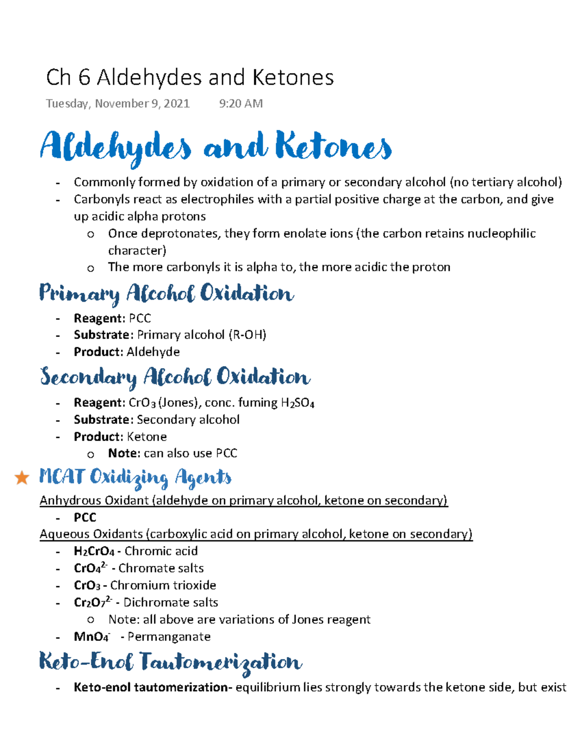 Aldehydes and Ketones - Lecture notes MCAT Week - Chem 14D - UCLA - Studocu