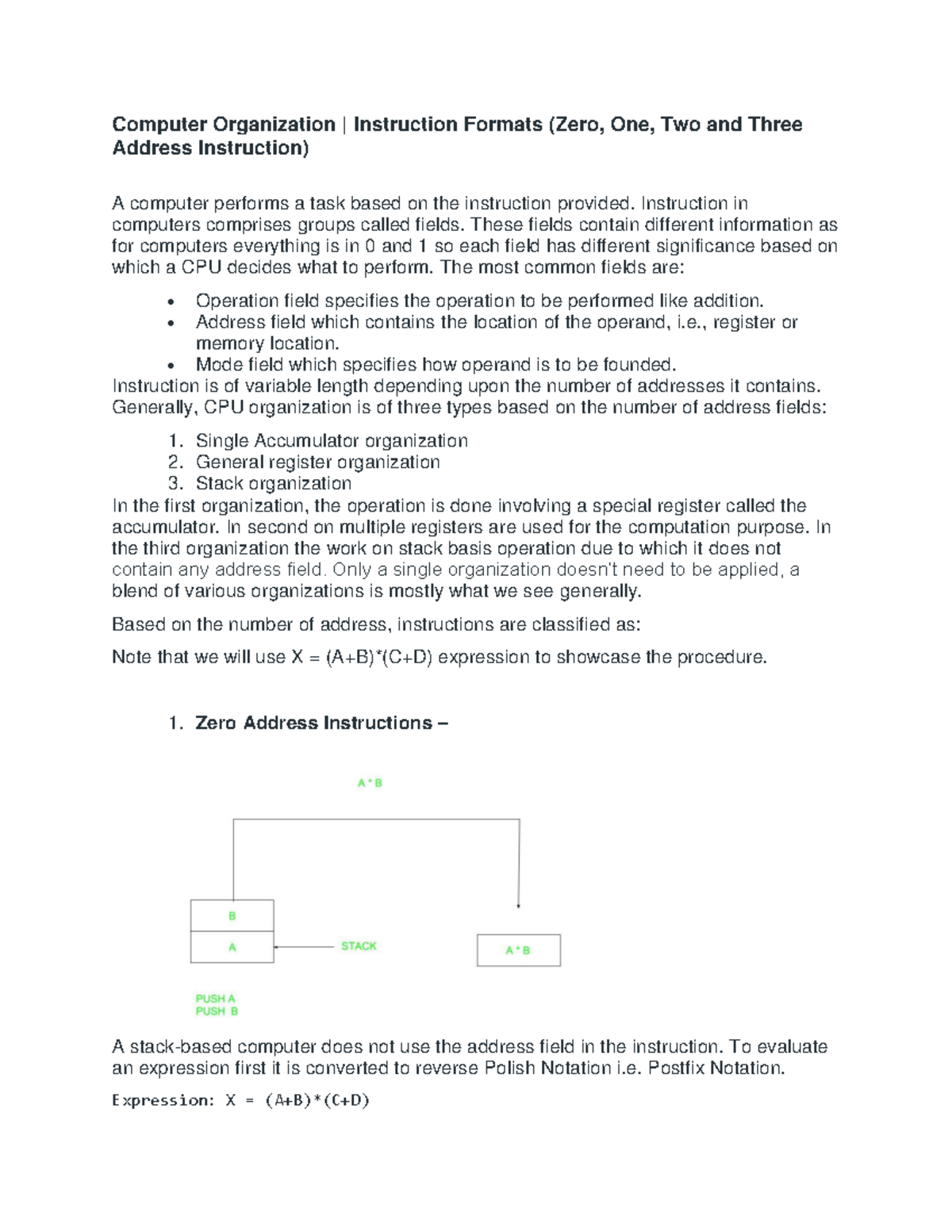 Lecture 3 - Computer Science - Computer Organization | Instruction Formats (Zero, One, Two and ...