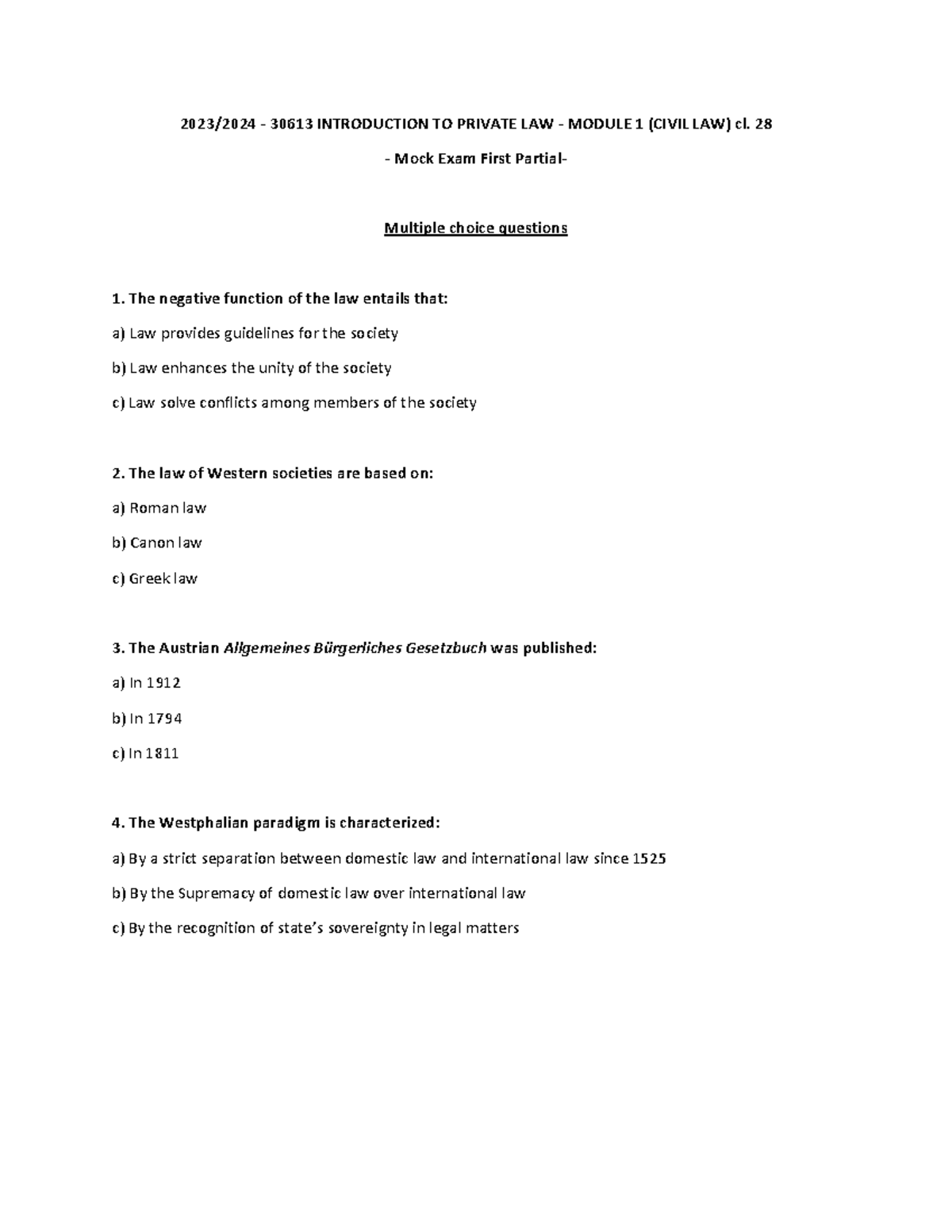 Mock Exam First Partial - 2 023/2024 - 30613 INTRODUCTION TO PRIVATE ...