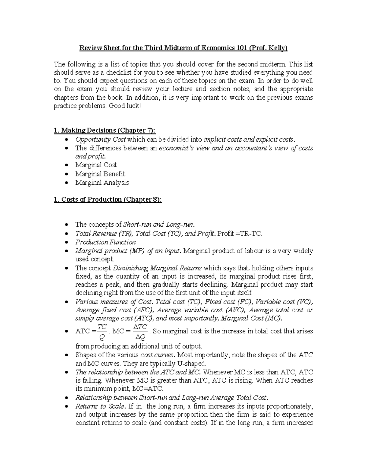 Basic Econ review - Review Sheet for the Third Midterm of Economics 101 ...