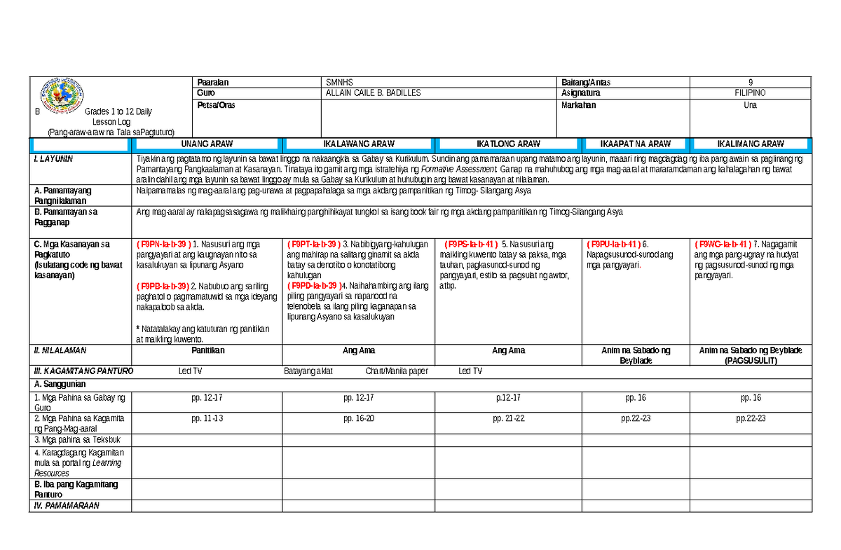 Linggo 1 - B Grades 1 to 12 Daily Lesson Log (Pang-araw-araw na Tala ...