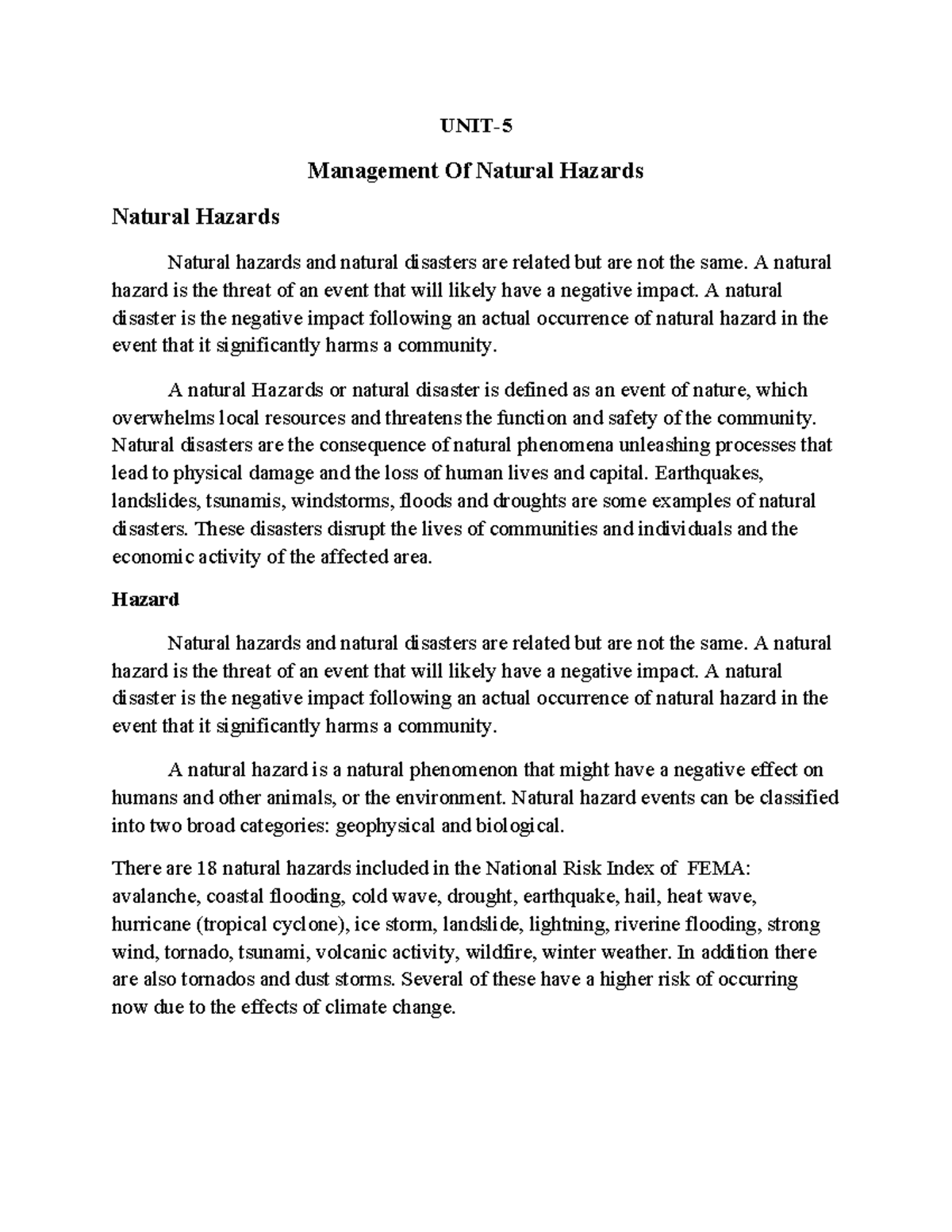 EM UNIT-5 - Study - UNIT- Management Of Natural Hazards Natural Hazards ...