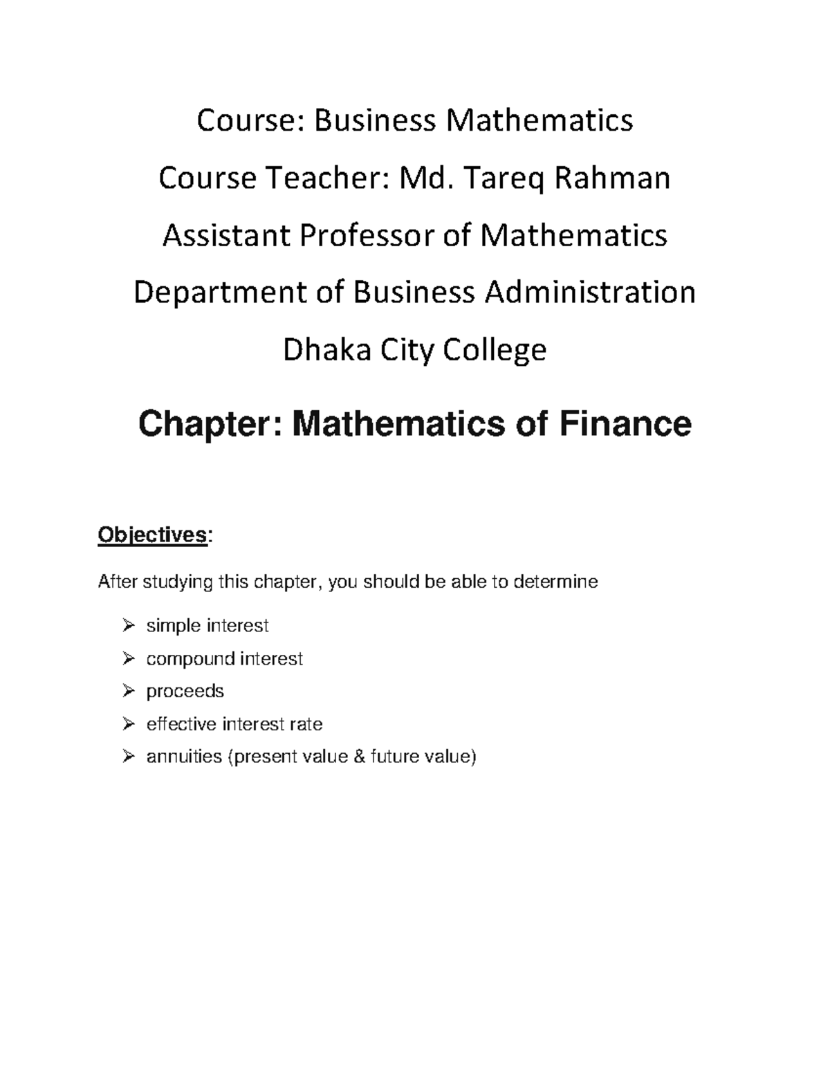 Mathematics of Finance - BBA - DU - Studocu