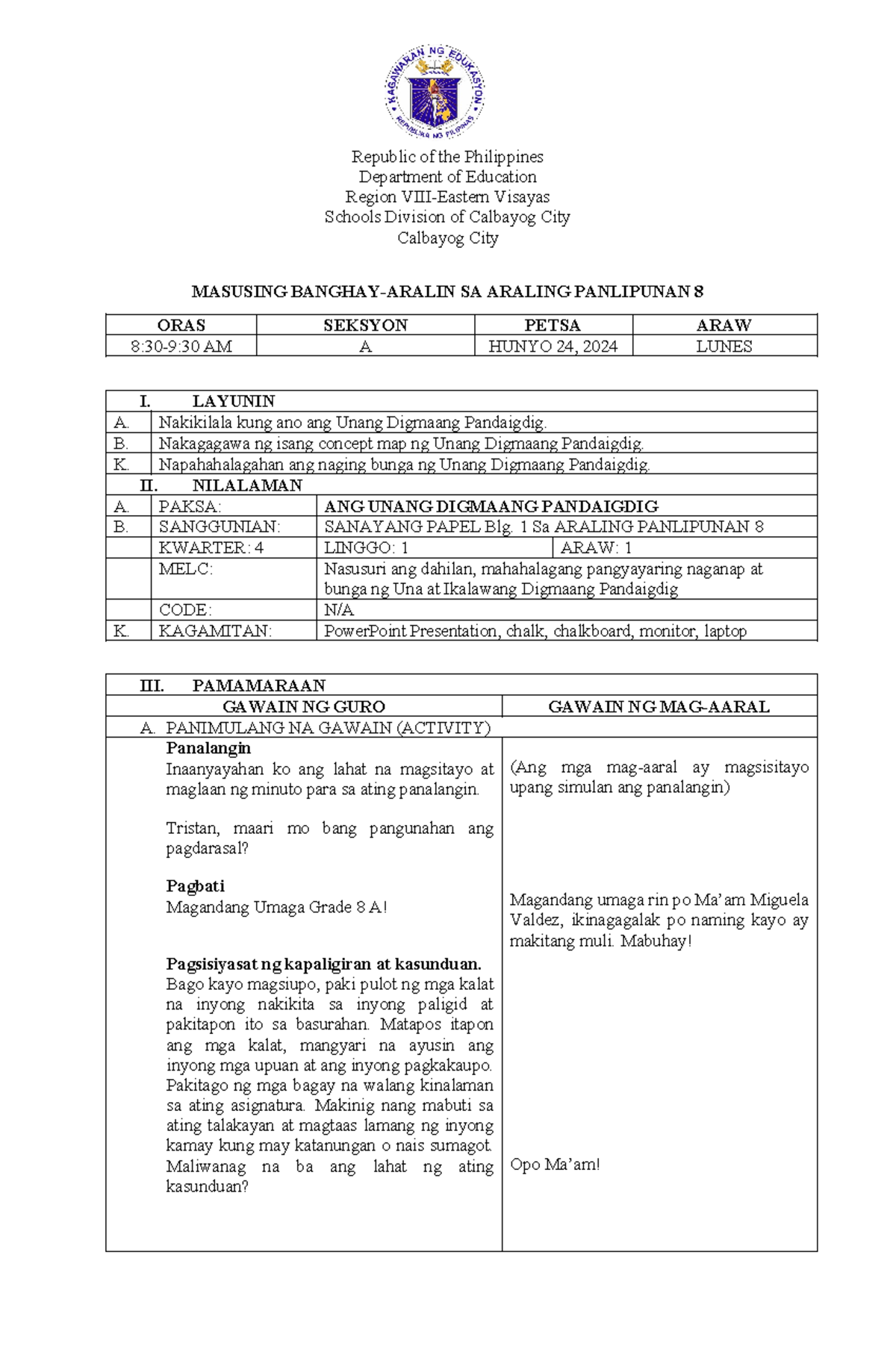 Lesson Plan for Demo - Republic of the Philippines Department of ...