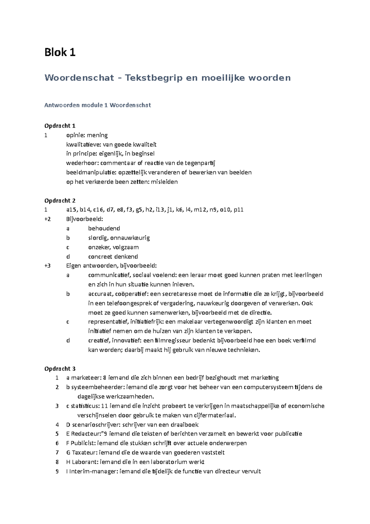 Woorden blok 1 en 2 lijst - Nederlandse taalkunde - UvA - Studeersnel