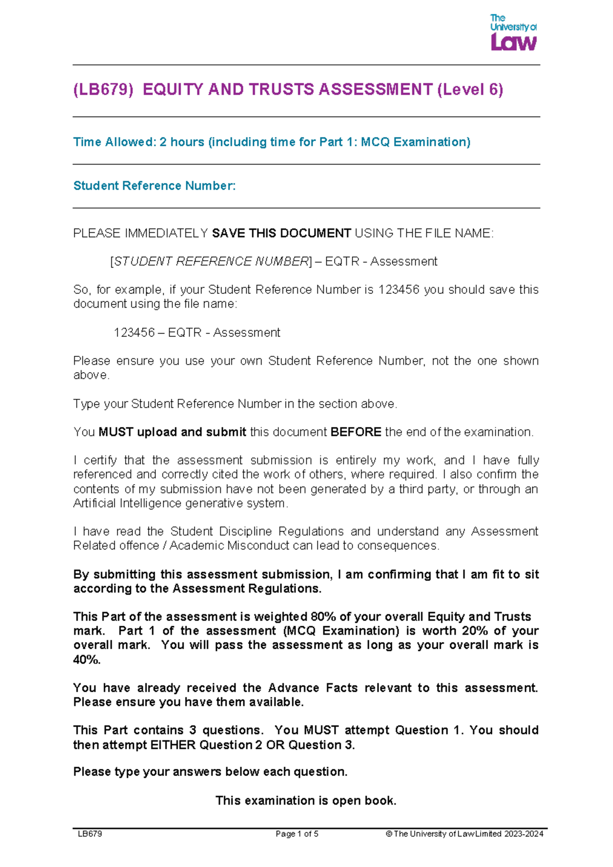 Equity and trust exam - past paper - (LB679) EQUITY AND TRUSTS ...