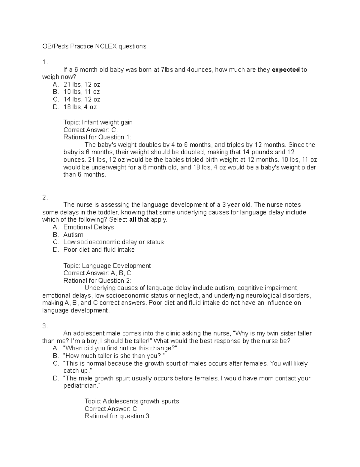 Ob:peds nclex q - OB/Peds Practice NCLEX questions 1. If a 6 month old ...