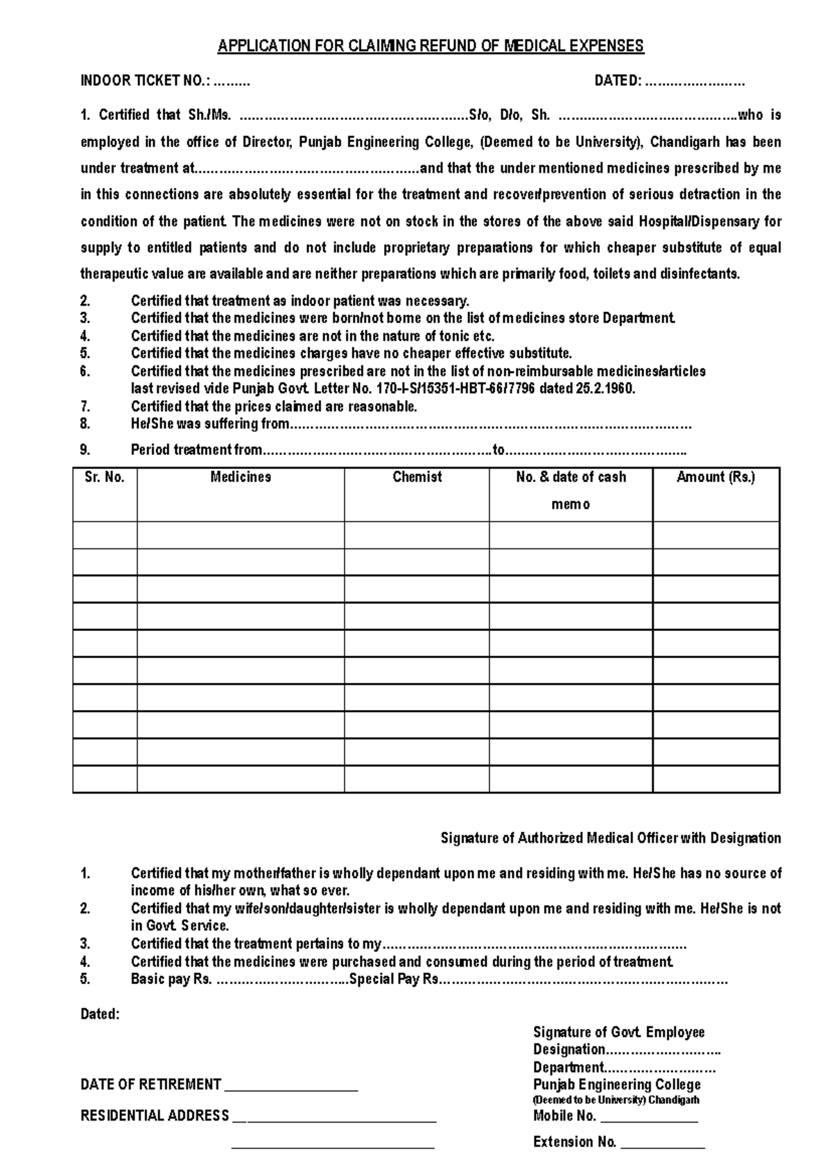 Medical performa updated - APPLICATION FOR CLAIMING REFUND OF MEDICAL ...