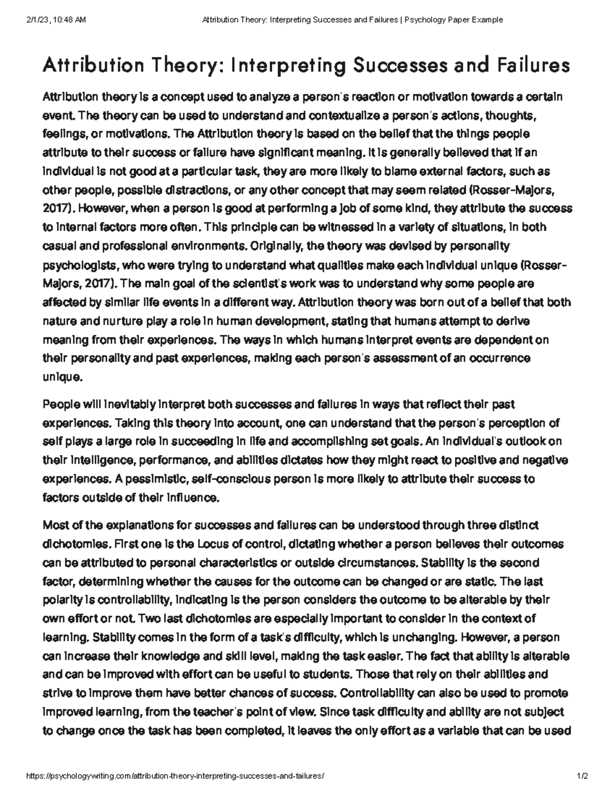 Attribution Theory Interpreting Successes and Failures Psychology Paper ...