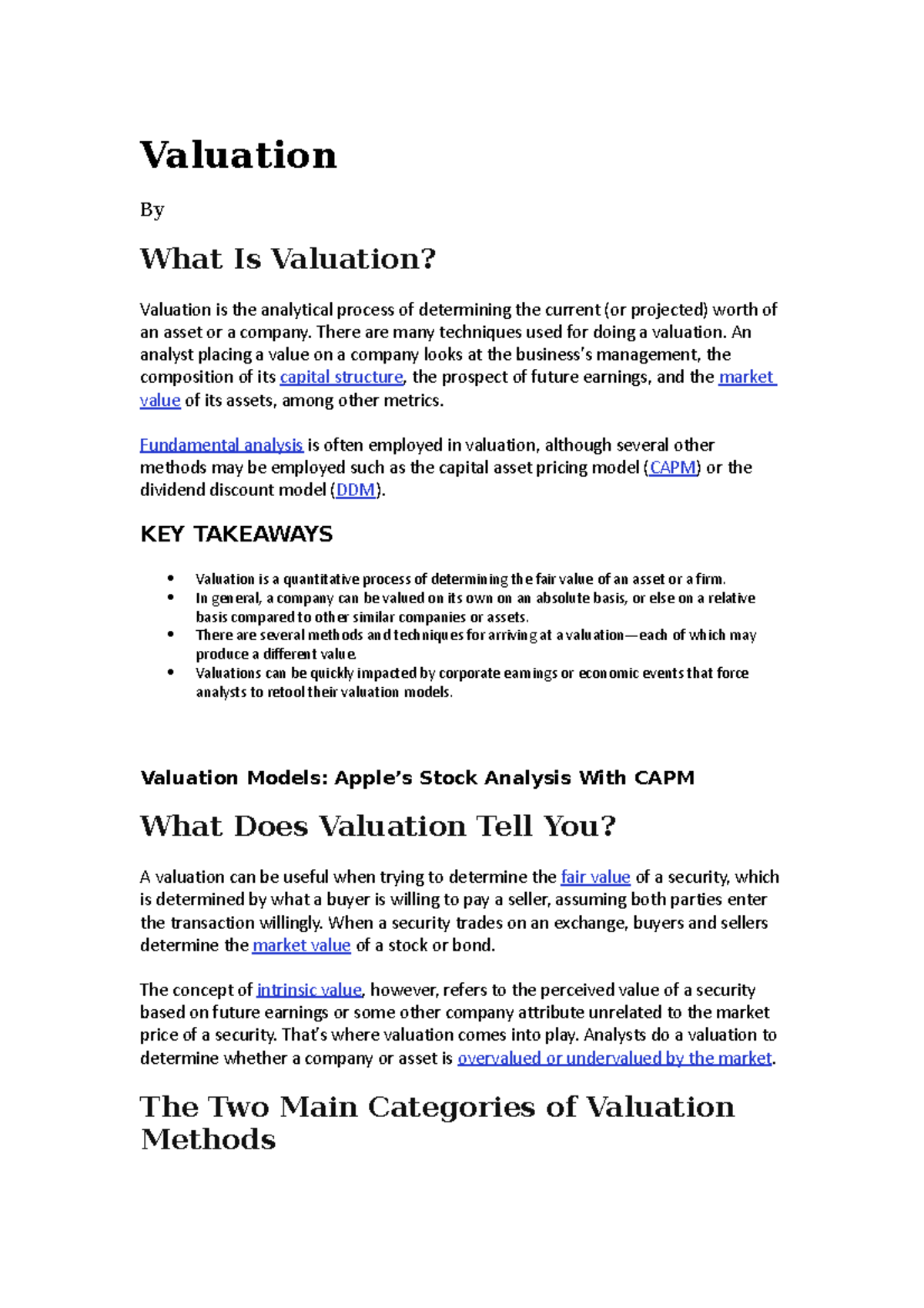 Val - Lecture notes - Valuation By What Is Valuation? Valuation is the ...