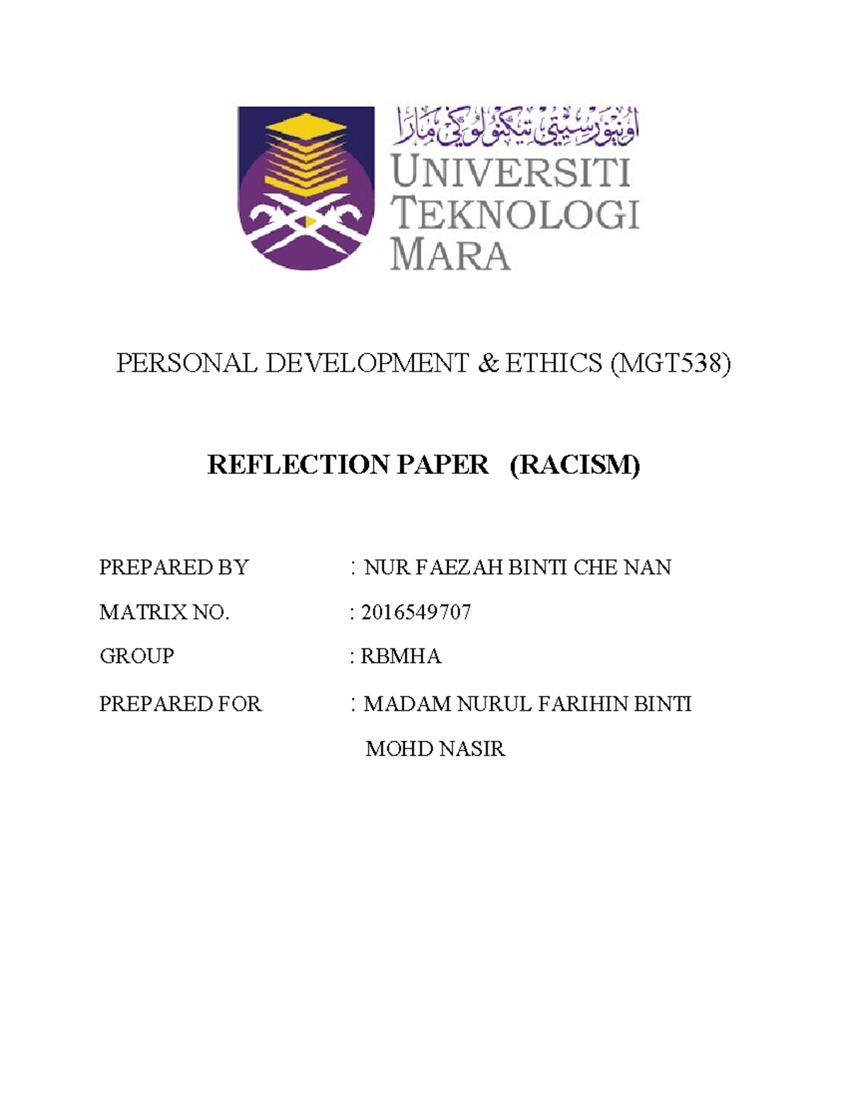 Reflection Paper NUR Faezah - PERSONAL DEVELOPMENT & ETHICS (MGT538 ...