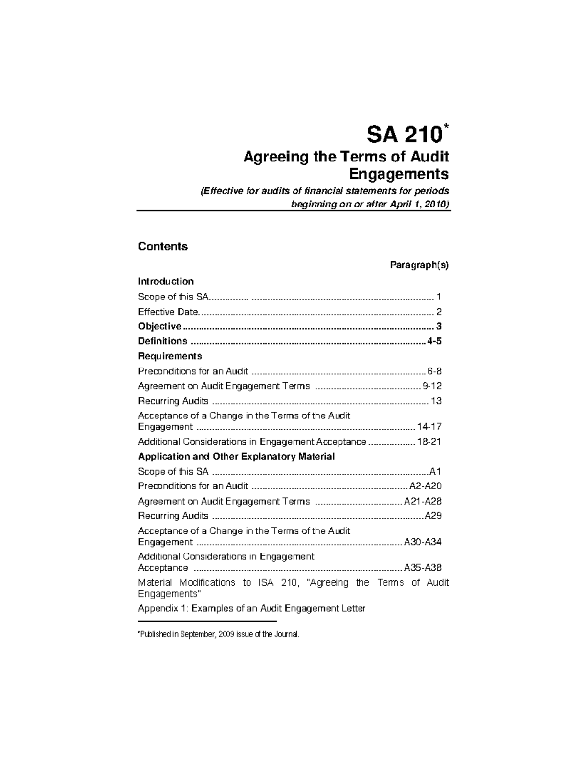 SA 210 - New SA 210 - SA 210 * Agreeing the Terms of Audit Engagements ...