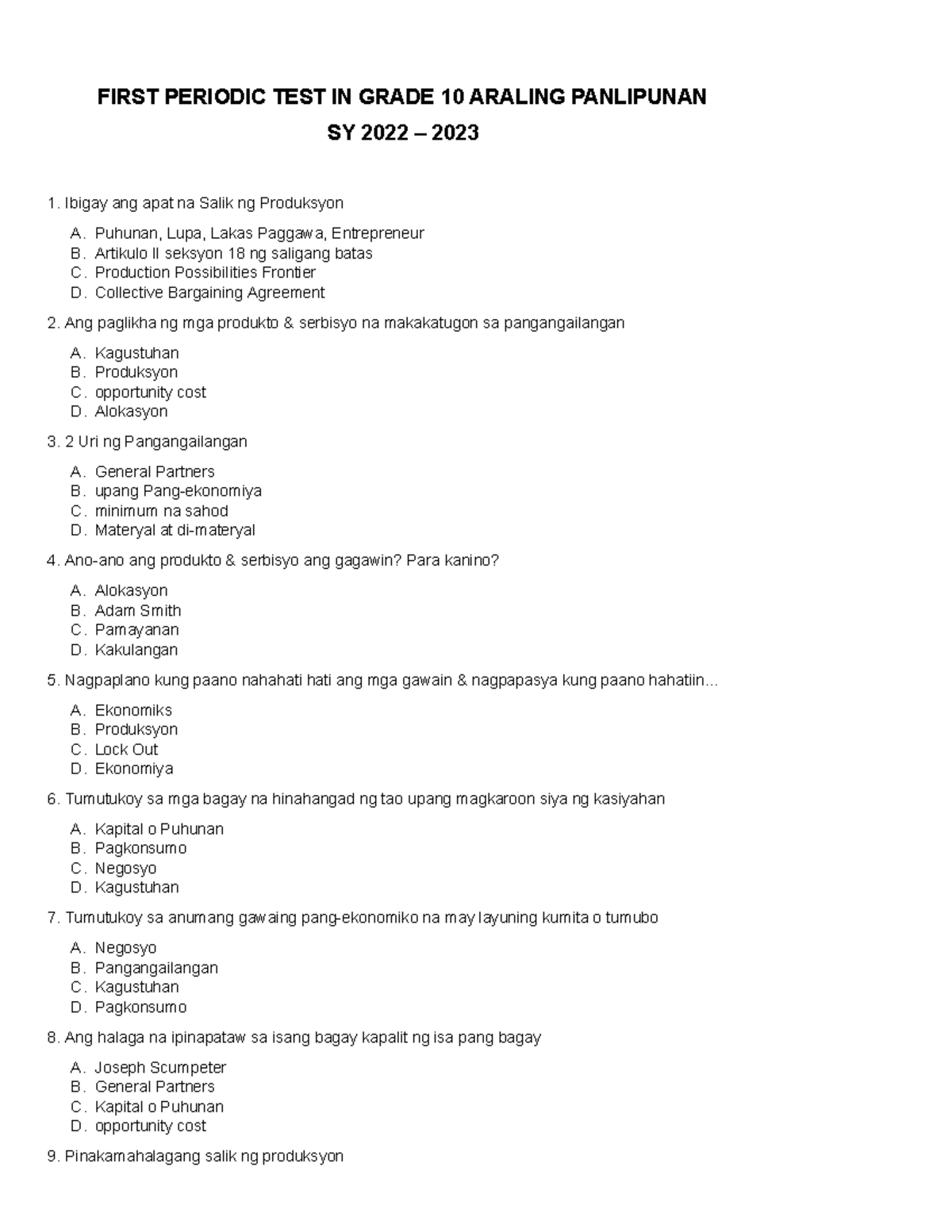 PT Araling- Panlipunan-10 Q1 - FIRST PERIODIC TEST IN GRADE 10 ARALING ...