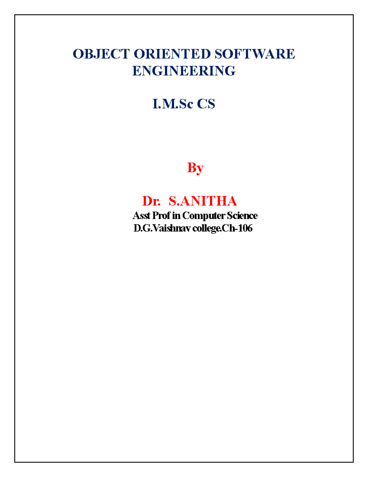 Object Oriented Software Engineering Object Oriented Software Engineering Im Cs By Dr S Asst