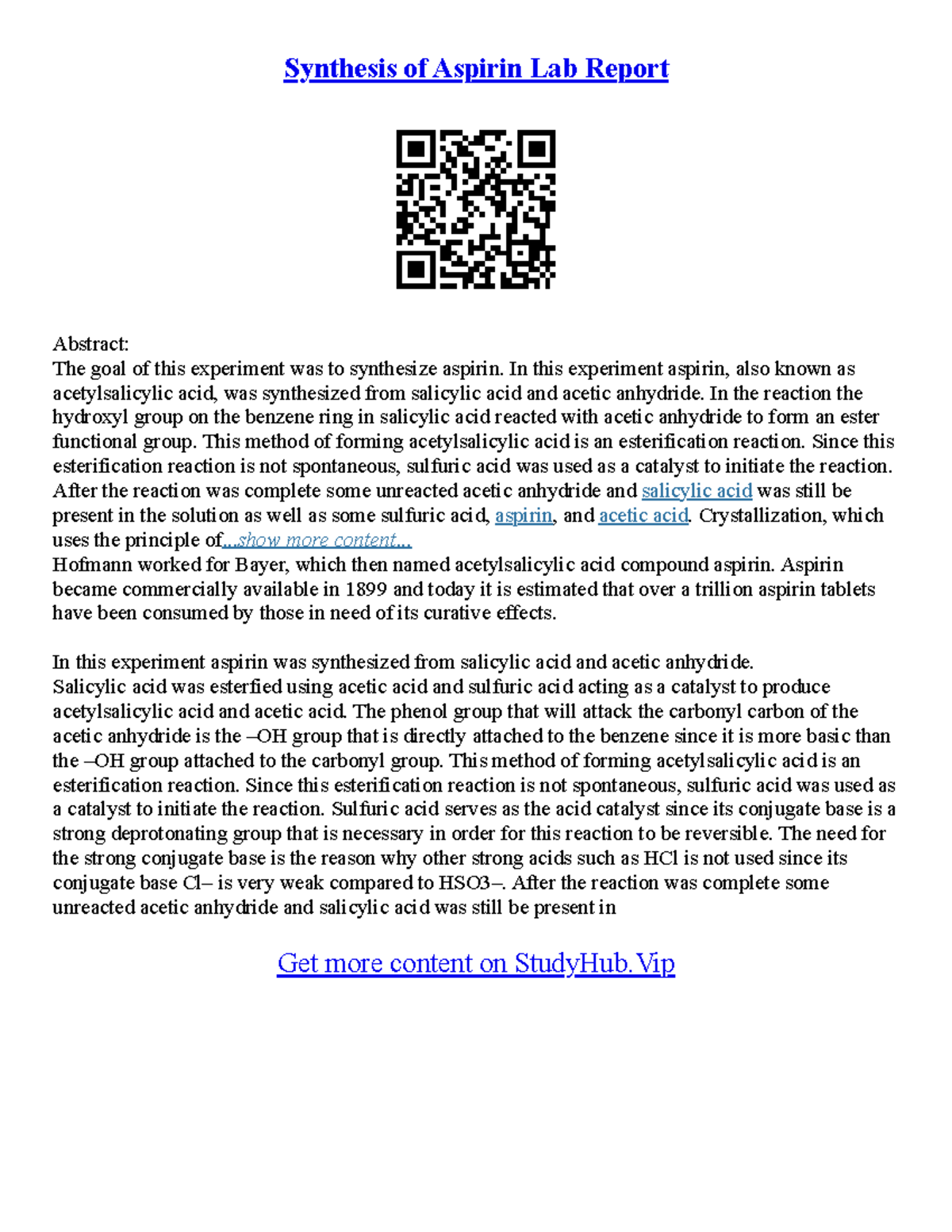 How To Write An Essay Abstract - Synthesis of Aspirin Lab Report ...