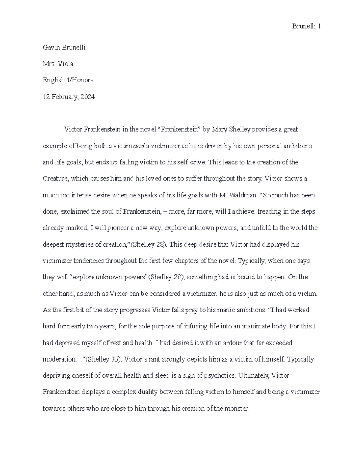 Frankenstein Victim and Victimizer Paragraphs - Brunelli 1 Gavin ...
