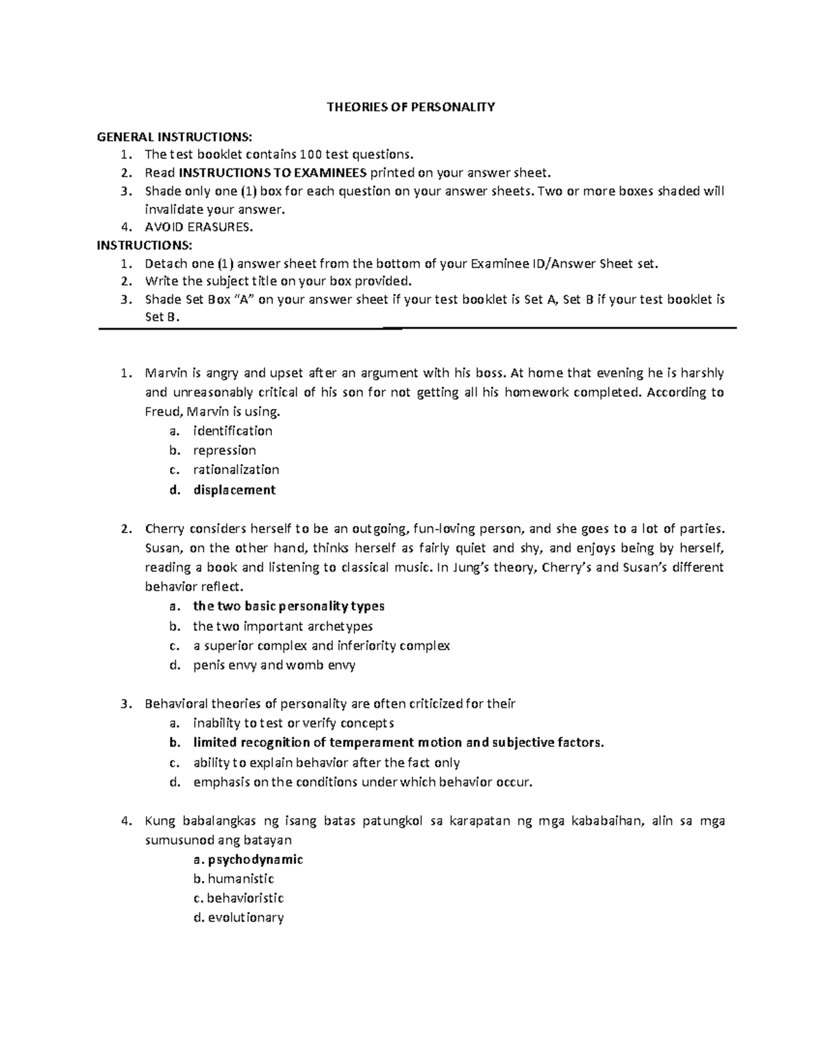 Theories of Personality Test Bank - THEORIES OF PERSONALITY GENERAL ...