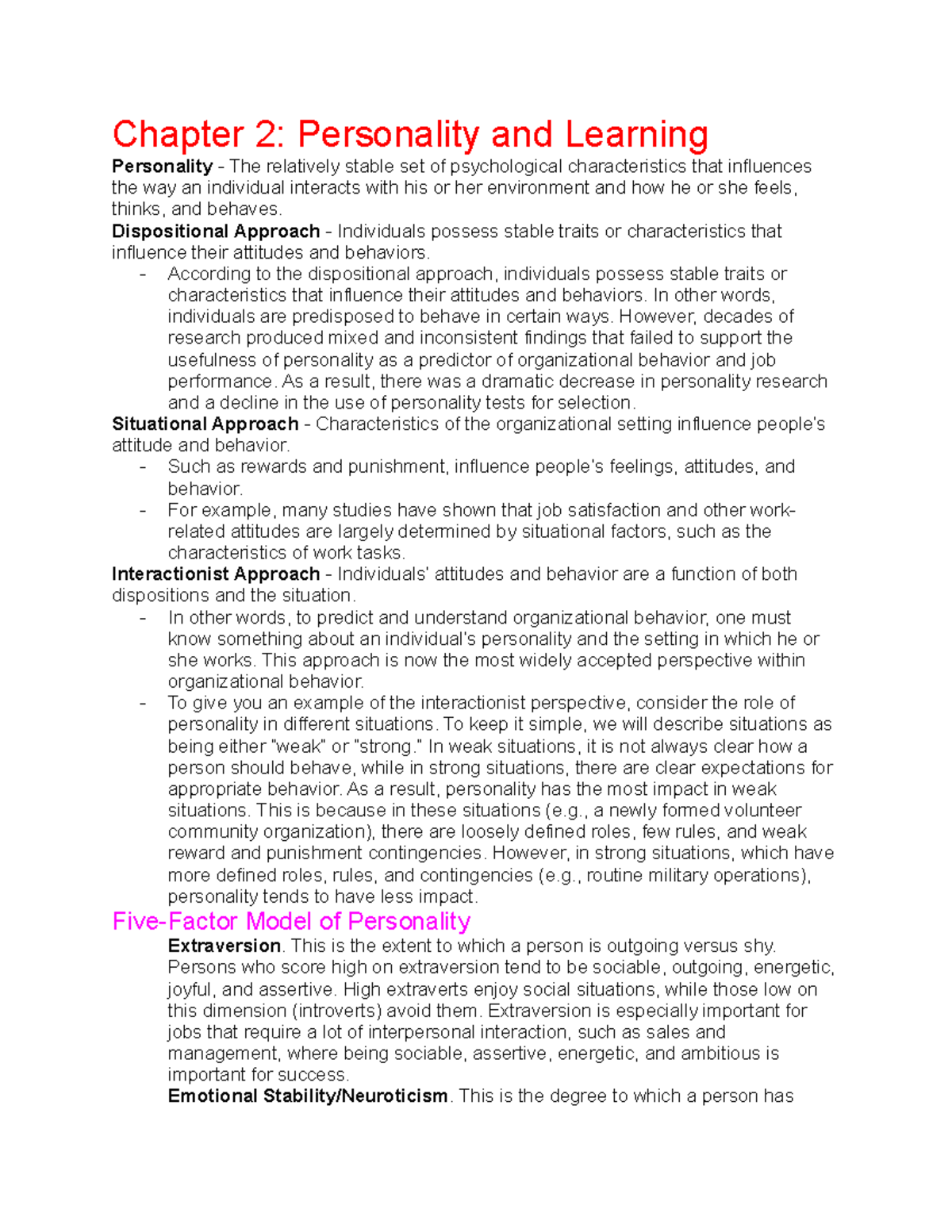 Midterm Notes - Chapter 2: Personality and Learning Personality - The ...