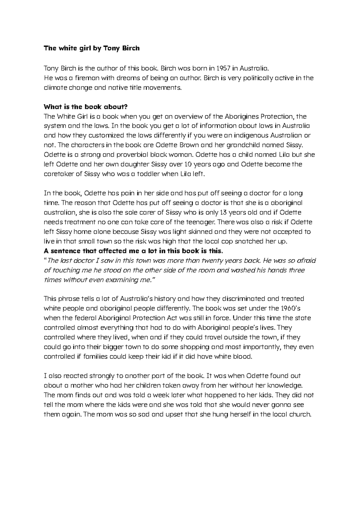 Book report - The White Girl - The white girl by Tony Birch Tony Birch ...