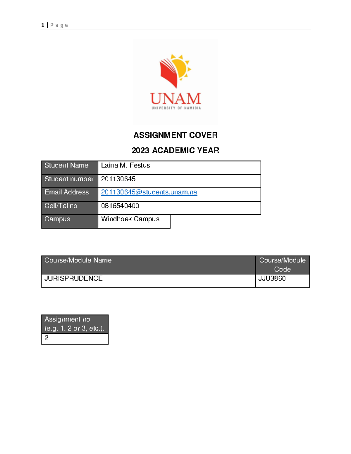 JJU 3860 2 Final - assignment - ASSIGNMENT COVER 2023 ACADEMIC YEAR ...