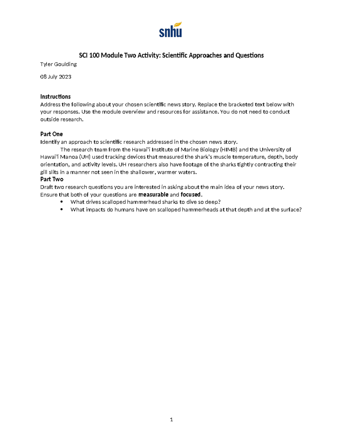 SCI 100 Module Two Activity Goulding - SCI 100 Module Two Activity ...
