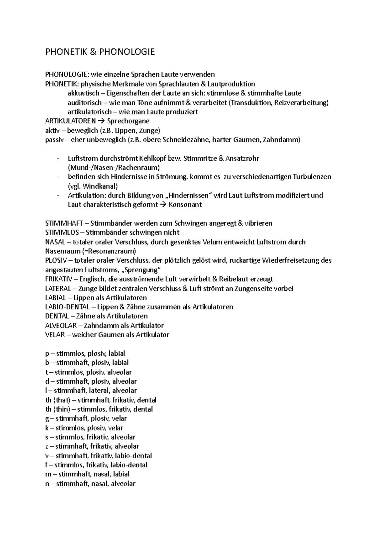 Phonetik & Phonologie - Vorlesungsnotizen Sprachwissenschaft - PHONETIK ...