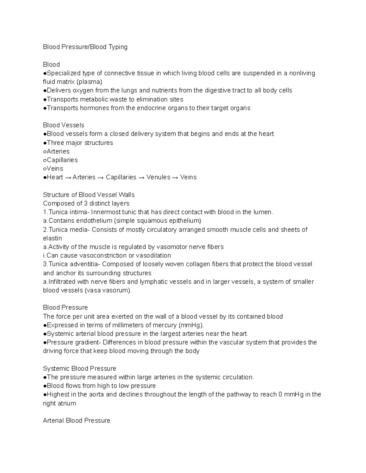 Blood Pressure Notes-BIOL 244 - Blood Pressure/Blood Typing Blood ...