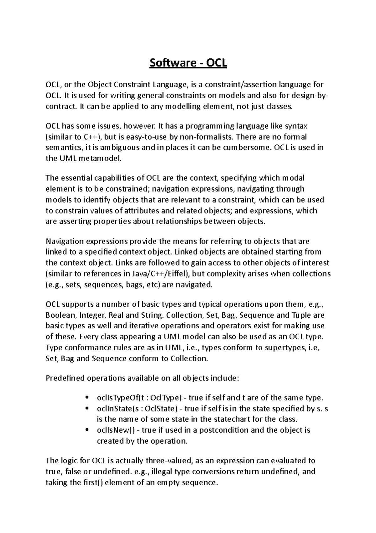 Software - OCL - Lecture notes 4 - Software - OCL OCL, or the Object ...