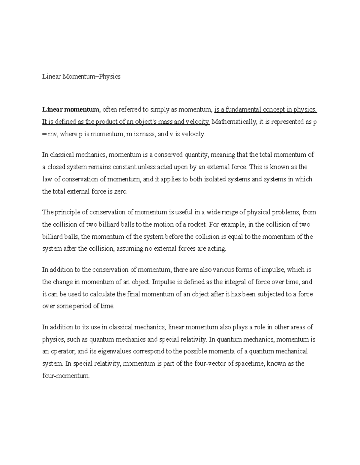 Linear Momentum - Linear Momentum–Physics Linear momentum, often ...